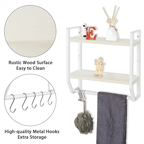 OYEAL Bathroom Shelf with Towel Bar Wall Mounted Towel Rack Rustic Towel Shelf for Bathroom with 5 Hooks, 2 Tier Shelf Storage Organizer for Living Room, Kitchen, Bedroom, White