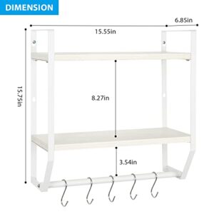 OYEAL Bathroom Shelf with Towel Bar Wall Mounted Towel Rack Rustic Towel Shelf for Bathroom with 5 Hooks, 2 Tier Shelf Storage Organizer for Living Room, Kitchen, Bedroom, White