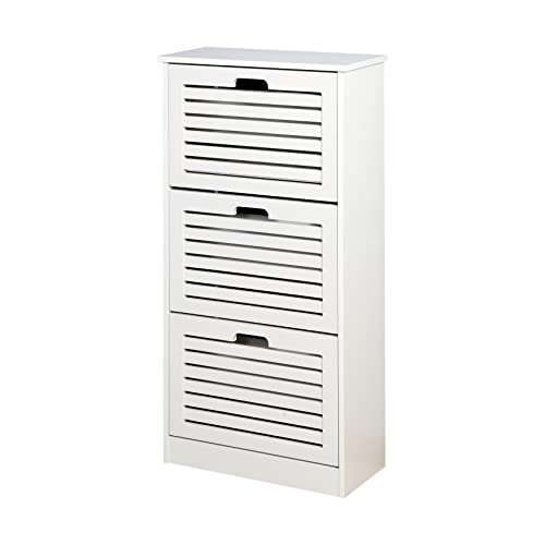 ACLULION Wood Shoe Cabinet with 3 Flip Drawers, Freestanding Shoe Storage Organizer with Louvered Door and Adjustable Shelf, Modern White Narrow Shoe Storage Cabinet for Entryway, Holds 12 Pair Shoes