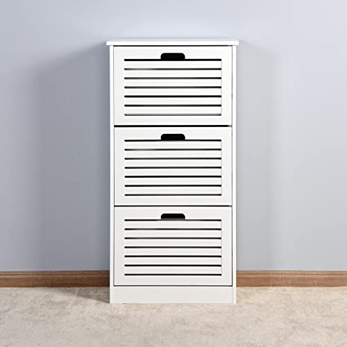 ACLULION Wood Shoe Cabinet with 3 Flip Drawers, Freestanding Shoe Storage Organizer with Louvered Door and Adjustable Shelf, Modern White Narrow Shoe Storage Cabinet for Entryway, Holds 12 Pair Shoes