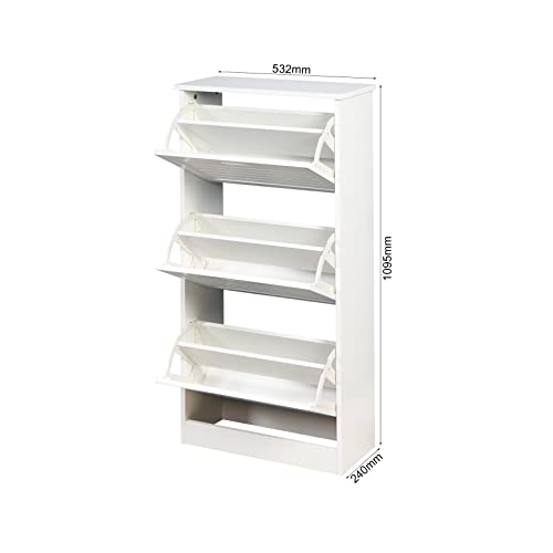 ACLULION Wood Shoe Cabinet with 3 Flip Drawers, Freestanding Shoe Storage Organizer with Louvered Door and Adjustable Shelf, Modern White Narrow Shoe Storage Cabinet for Entryway, Holds 12 Pair Shoes