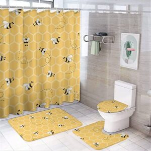 yellow bee shower curtain bathroom rugs sets 4 piece, shower curtain waterproof fabric with non slip bathroom rugs floor mat toilet lid cover shower accessories for bathroom