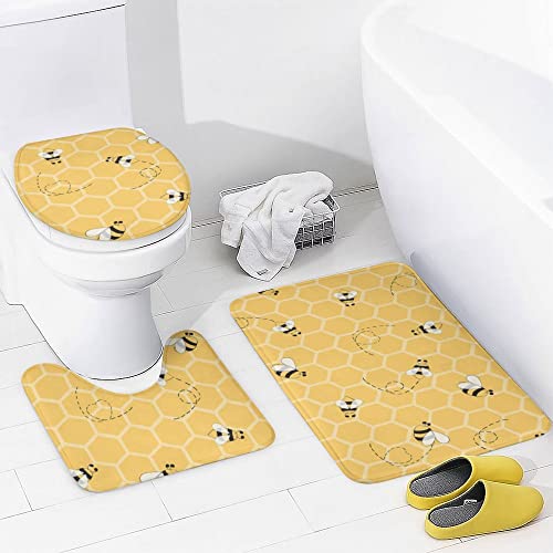 Yellow Bee Shower Curtain Bathroom Rugs Sets 4 Piece, Shower Curtain Waterproof Fabric with Non Slip Bathroom Rugs Floor Mat Toilet Lid Cover Shower Accessories for Bathroom