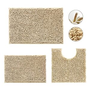 run helix bathroom rugs sets 3 piece, bath rugs for bathroom, bath mats, bathroom sets,extra soft and absorbent shaggy rugs, machine washable bath mat set for tub, shower, and bathroom, beige