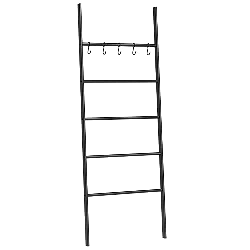 HOOBRO Towel Rack, Blanket Ladder, 5-Tier Ladder Shelf, Decorative Wall Leaning Ladder Rack, 22.8" Wide Holder, 5 Hooks, Blanket Holder, Display Rack for Bathroom, Black BK62CJ01G1