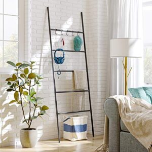 HOOBRO Towel Rack, Blanket Ladder, 5-Tier Ladder Shelf, Decorative Wall Leaning Ladder Rack, 22.8" Wide Holder, 5 Hooks, Blanket Holder, Display Rack for Bathroom, Black BK62CJ01G1