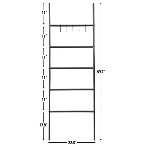 HOOBRO Towel Rack, Blanket Ladder, 5-Tier Ladder Shelf, Decorative Wall Leaning Ladder Rack, 22.8" Wide Holder, 5 Hooks, Blanket Holder, Display Rack for Bathroom, Black BK62CJ01G1