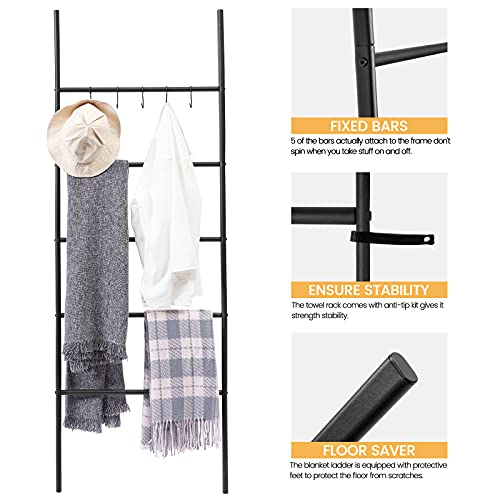 HOOBRO Towel Rack, Blanket Ladder, 5-Tier Ladder Shelf, Decorative Wall Leaning Ladder Rack, 22.8" Wide Holder, 5 Hooks, Blanket Holder, Display Rack for Bathroom, Black BK62CJ01G1