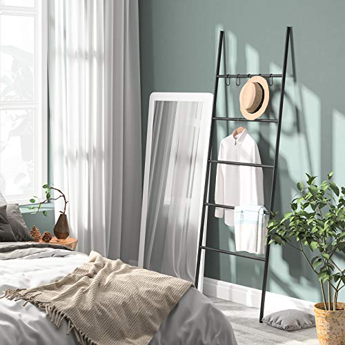 HOOBRO Towel Rack, Blanket Ladder, 5-Tier Ladder Shelf, Decorative Wall Leaning Ladder Rack, 22.8" Wide Holder, 5 Hooks, Blanket Holder, Display Rack for Bathroom, Black BK62CJ01G1