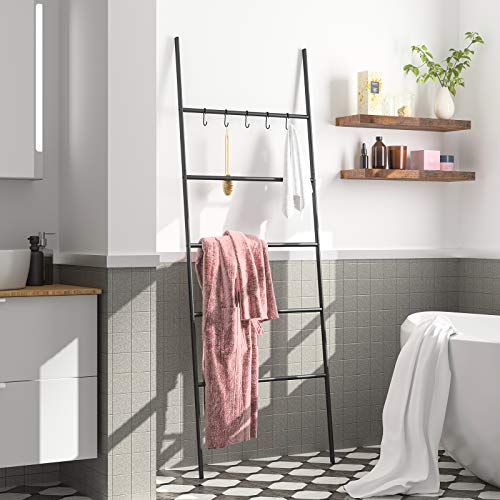 HOOBRO Towel Rack, Blanket Ladder, 5-Tier Ladder Shelf, Decorative Wall Leaning Ladder Rack, 22.8" Wide Holder, 5 Hooks, Blanket Holder, Display Rack for Bathroom, Black BK62CJ01G1