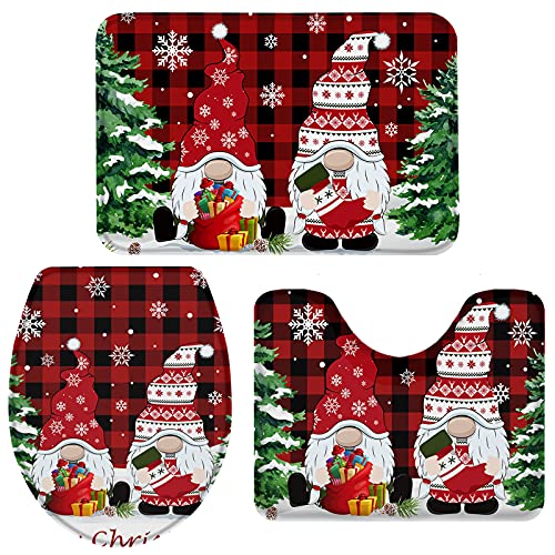 Christmas Gnome 3 Piece Bath Rugs Sets Cute Christmas Gnome Bathroom Mats Set Non Slip Water Absorbent U-Shaped Contour Toilet Mat Xmas Tree Snowflake Red Buffalo Plaid Toilet Lid Cover