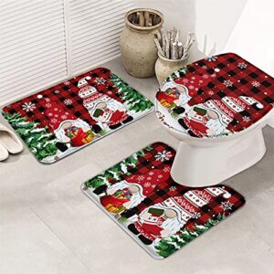 Christmas Gnome 3 Piece Bath Rugs Sets Cute Christmas Gnome Bathroom Mats Set Non Slip Water Absorbent U-Shaped Contour Toilet Mat Xmas Tree Snowflake Red Buffalo Plaid Toilet Lid Cover