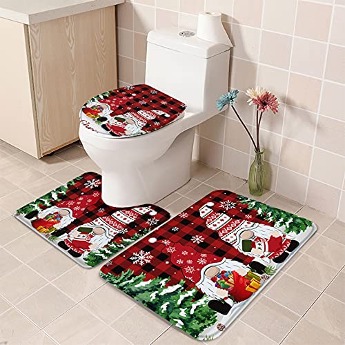 Christmas Gnome 3 Piece Bath Rugs Sets Cute Christmas Gnome Bathroom Mats Set Non Slip Water Absorbent U-Shaped Contour Toilet Mat Xmas Tree Snowflake Red Buffalo Plaid Toilet Lid Cover