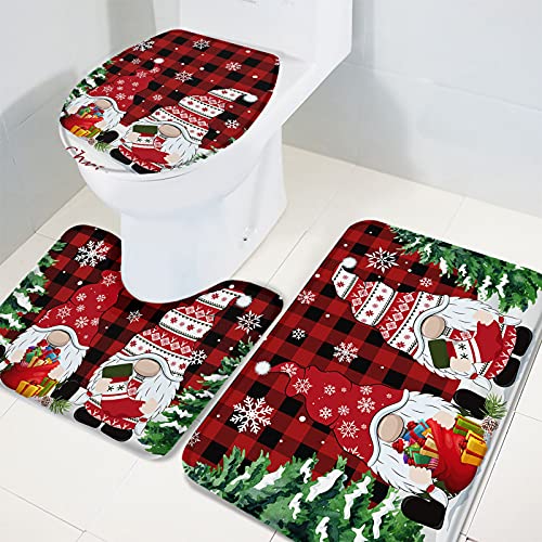 Christmas Gnome 3 Piece Bath Rugs Sets Cute Christmas Gnome Bathroom Mats Set Non Slip Water Absorbent U-Shaped Contour Toilet Mat Xmas Tree Snowflake Red Buffalo Plaid Toilet Lid Cover