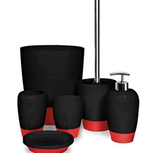 HOUSIO Eco-Friendly Bathroom Accessories Set,6Pcs Gift Set Toothbrush Holder,Tumbler,Lotion Dispenser,Soap Dish,Toilet Brush,Trash Bin Set (Black/Red)