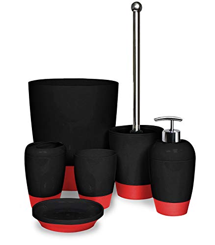 HOUSIO Eco-Friendly Bathroom Accessories Set,6Pcs Gift Set Toothbrush Holder,Tumbler,Lotion Dispenser,Soap Dish,Toilet Brush,Trash Bin Set (Black/Red)