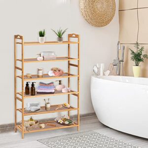 KUJOBUY Bamboo Shoe Rack 6 Tier Natural Wooden Rack Multipurpose Storage Organizer Free Standing Shelves Books Flowerpots Plants Entryway Closet