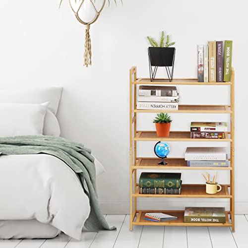 KUJOBUY Bamboo Shoe Rack 6 Tier Natural Wooden Rack Multipurpose Storage Organizer Free Standing Shelves Books Flowerpots Plants Entryway Closet