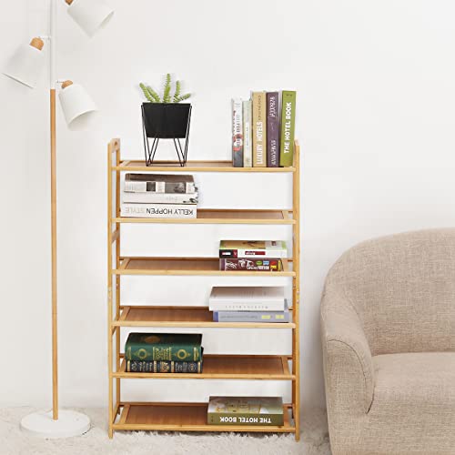 KUJOBUY Bamboo Shoe Rack 6 Tier Natural Wooden Rack Multipurpose Storage Organizer Free Standing Shelves Books Flowerpots Plants Entryway Closet