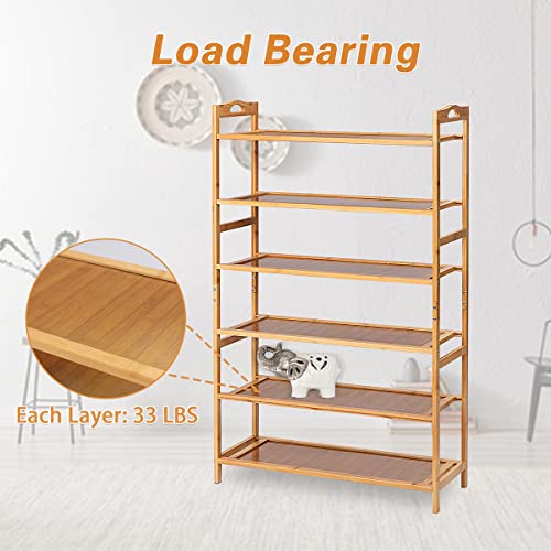 KUJOBUY Bamboo Shoe Rack 6 Tier Natural Wooden Rack Multipurpose Storage Organizer Free Standing Shelves Books Flowerpots Plants Entryway Closet