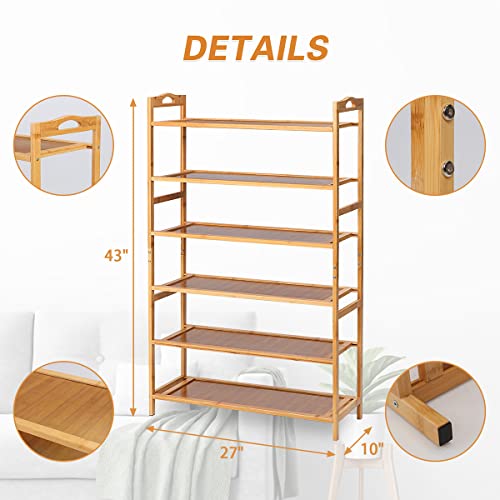 KUJOBUY Bamboo Shoe Rack 6 Tier Natural Wooden Rack Multipurpose Storage Organizer Free Standing Shelves Books Flowerpots Plants Entryway Closet