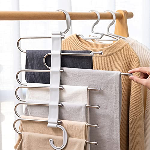 Pants Hangers,Stainless Steel 6 Layers Magic Pants Hanger Rack,White Foldable Pants Rack Hanger Multifunctional Multi Layer Pants Folding Trouser Hanging Rack