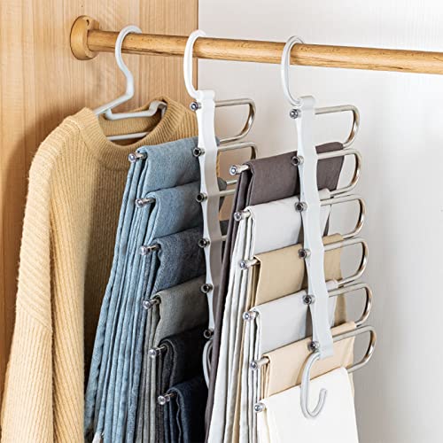 Pants Hangers,Stainless Steel 6 Layers Magic Pants Hanger Rack,White Foldable Pants Rack Hanger Multifunctional Multi Layer Pants Folding Trouser Hanging Rack