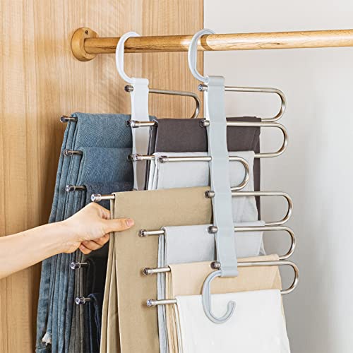 Pants Hangers,Stainless Steel 6 Layers Magic Pants Hanger Rack,White Foldable Pants Rack Hanger Multifunctional Multi Layer Pants Folding Trouser Hanging Rack