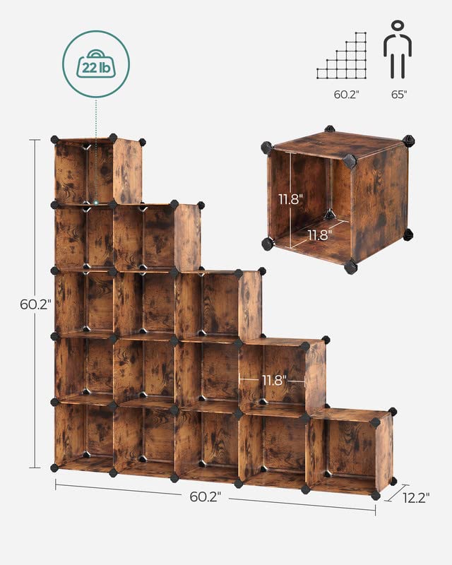 SONGMICS Cube Storage Organizer, 16-Cube Book Shelf, Closet Organizers and Storage, Room Organization, Cubby Shelving for Bedroom Living Room, 48.4 x 12.2 x 48.4 Inches, Rustic Brown ULPC442A01