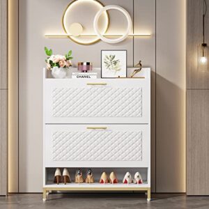 Tribesigns Shoe Cabinet Tipping Bucket Shoe Storage Cabinet with 2 Flip Drawers & Open Shelf, Freestanding Wooden Shoe Rack Modern Shoe Organizer for Entryway, Bedroom, Small Space (White & Gold)