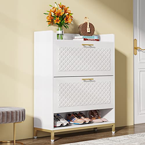 Tribesigns Shoe Cabinet Tipping Bucket Shoe Storage Cabinet with 2 Flip Drawers & Open Shelf, Freestanding Wooden Shoe Rack Modern Shoe Organizer for Entryway, Bedroom, Small Space (White & Gold)