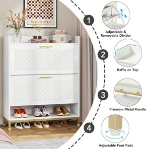 Tribesigns Shoe Cabinet Tipping Bucket Shoe Storage Cabinet with 2 Flip Drawers & Open Shelf, Freestanding Wooden Shoe Rack Modern Shoe Organizer for Entryway, Bedroom, Small Space (White & Gold)