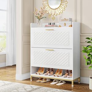 Tribesigns Shoe Cabinet Tipping Bucket Shoe Storage Cabinet with 2 Flip Drawers & Open Shelf, Freestanding Wooden Shoe Rack Modern Shoe Organizer for Entryway, Bedroom, Small Space (White & Gold)