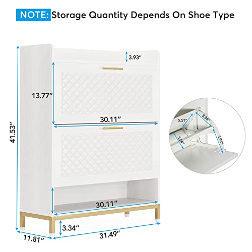 Tribesigns Shoe Cabinet Tipping Bucket Shoe Storage Cabinet with 2 Flip Drawers & Open Shelf, Freestanding Wooden Shoe Rack Modern Shoe Organizer for Entryway, Bedroom, Small Space (White & Gold)