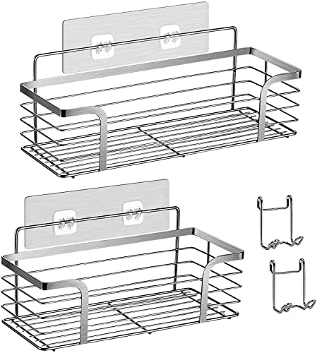 Shower Caddy Baskets with Removable Hooks Shelf Organizer Storage for Shampoo Conditioner Sponge Holder Shower Shelf Basket Kitchen Bathroom Organizer No Drilling Wall Mounted SUS304 Stainless Steel