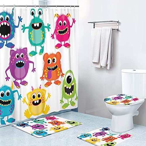 LOKMU 4 Pcs Shower Curtain Sets with Non-Slip Rugs, Toilet Lid Cover and Bath Mat,Cartoon Fluffy Monsters Cute Little Kid Waterproof Shower Curtain with 12 Hooks, Bathroom Decor Sets, 72" x 72"