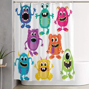 LOKMU 4 Pcs Shower Curtain Sets with Non-Slip Rugs, Toilet Lid Cover and Bath Mat,Cartoon Fluffy Monsters Cute Little Kid Waterproof Shower Curtain with 12 Hooks, Bathroom Decor Sets, 72" x 72"