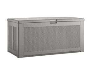 rubbermaid outdoor deck box, extra large, weather resistant, gray for lawn, garden, pool, tool storage, home organization