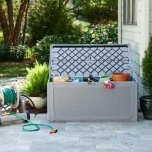 Rubbermaid Outdoor Deck Box, Extra Large, Weather Resistant, Gray for Lawn, Garden, Pool, Tool Storage, Home Organization