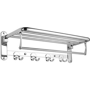 hoonex foldable towel rack for bathroom wall mounted, 24-inch towel shelf with towel hooks and adjustable towel bar, 304 stainless towel holder, polished silver