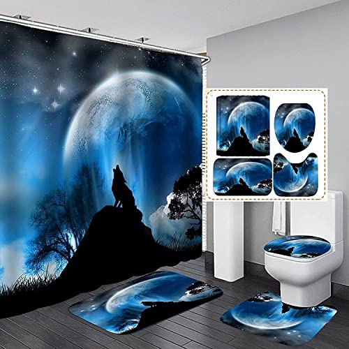 DBGD Wolf Shower Curtain Set of 4 Sets, with Non-Slip Carpet, Toilet Cover and Bath Mat Wild Animal Wolf Waterproof Bathroom Decoration Wolf Shower Curtain and Bathroom Carpet and Accessories-Large