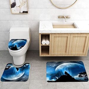 DBGD Wolf Shower Curtain Set of 4 Sets, with Non-Slip Carpet, Toilet Cover and Bath Mat Wild Animal Wolf Waterproof Bathroom Decoration Wolf Shower Curtain and Bathroom Carpet and Accessories-Large