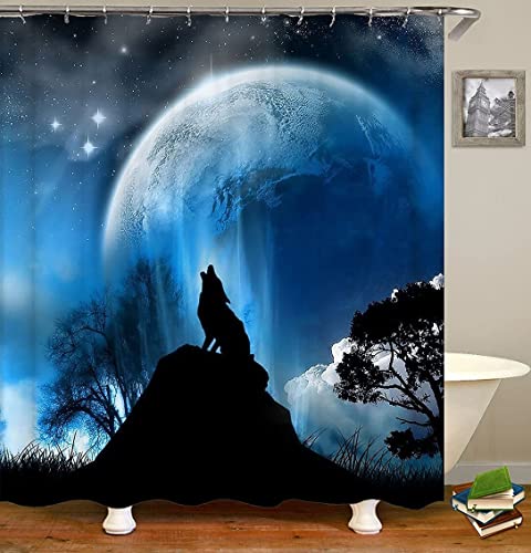 DBGD Wolf Shower Curtain Set of 4 Sets, with Non-Slip Carpet, Toilet Cover and Bath Mat Wild Animal Wolf Waterproof Bathroom Decoration Wolf Shower Curtain and Bathroom Carpet and Accessories-Large