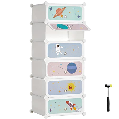 SONGMICS Kids' Shoe Rack with Doors, 6-Slot Stackable Storage Organizer, Plastic Wardrobe, Toys, Books, Clothes, 16.9 x 12.2 x 41.3 Inches, White ULPC904W01