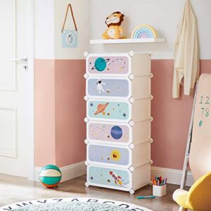 SONGMICS Kids' Shoe Rack with Doors, 6-Slot Stackable Storage Organizer, Plastic Wardrobe, Toys, Books, Clothes, 16.9 x 12.2 x 41.3 Inches, White ULPC904W01