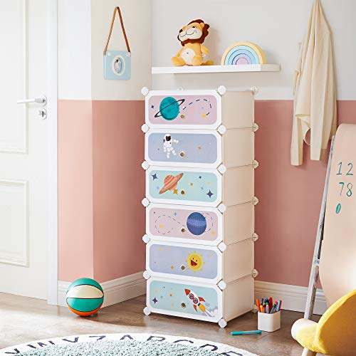 SONGMICS Kids' Shoe Rack with Doors, 6-Slot Stackable Storage Organizer, Plastic Wardrobe, Toys, Books, Clothes, 16.9 x 12.2 x 41.3 Inches, White ULPC904W01