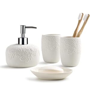 bathroom accessories set with embossed design 4pcs, ceramic white bathroom accessory set, 1pcs bathroom soap dispenser 14oz, 2pcs tumbler cup, 1pcs soap dish, antis's home