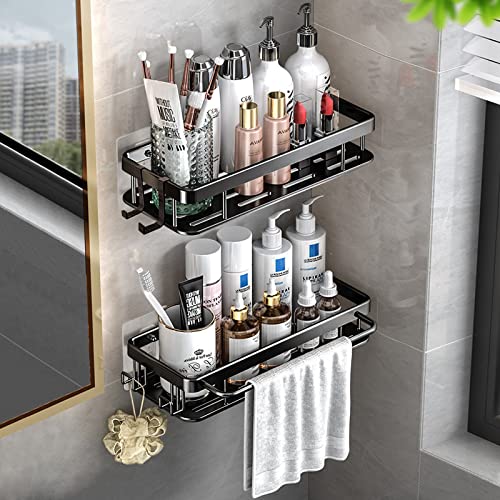 2 Pack Shower Caddy Shelf Organizer Rack, Black Shower Caddy Bathroom Organizer, Rustproof No Drilling Adhesive Shower Shelves with Fixed Removable Hooks for Kitchen Storage, Apartment Decor