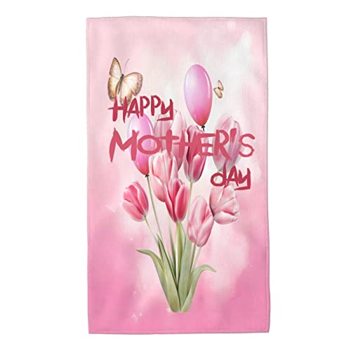 Heantstoy Happy Mother's Day Watercolor Pink Tulips Hand Towel Soft Bath Towel Kitchen Tea Dish Towels Bathroom Decorations Housewarming Gifts 27.5in X 15.7in