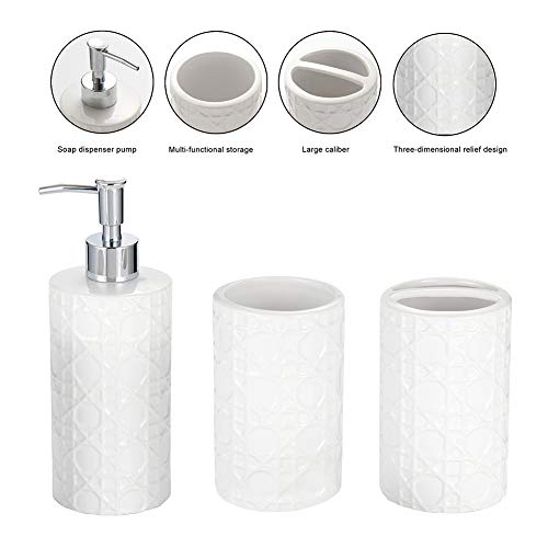 CAA'S Bathroom Accessories Set Ceramic 4 Pieces Bathroom Ensemble for Bath Decor Includes Lotion Dispenser Toothbrush Holder Tumbler Soap Dish (White Netting)